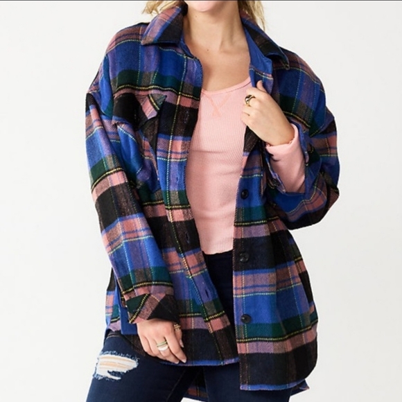 SO | Jackets & Coats | Nwt Oversized Shacket Blue Black Plaid Button ...